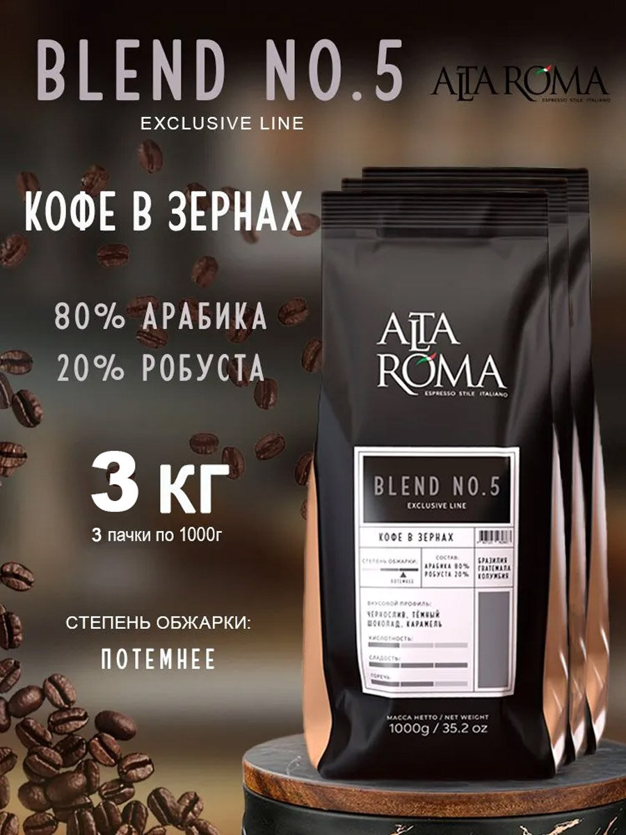 Кофе в зернах AltaRoma Blend №5 (ex-NERO), 80% Арабика, 3 кг (3 шт.)