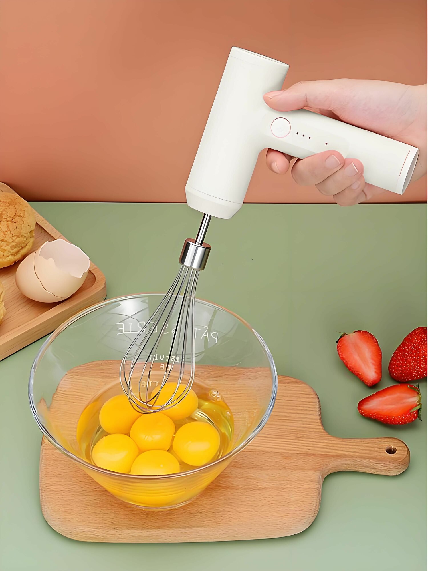 Электрический венчик для взбивания яиц, WDDQ001 Белая оболочка, 2 смесительные головки, Нержавеющая сталь 304, Встроенная USB-аккумуляторная батарея,3-х скоростная регулировка
