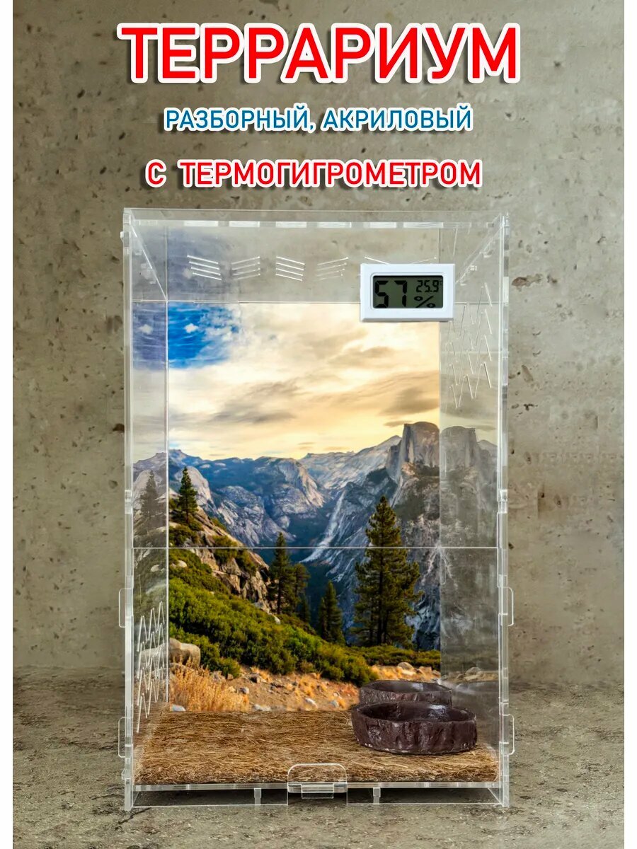 Вертикальный террариум "Горы", акриловый, 9,8л, с термогигрометром, для рептилий/ богомолов/ пауков