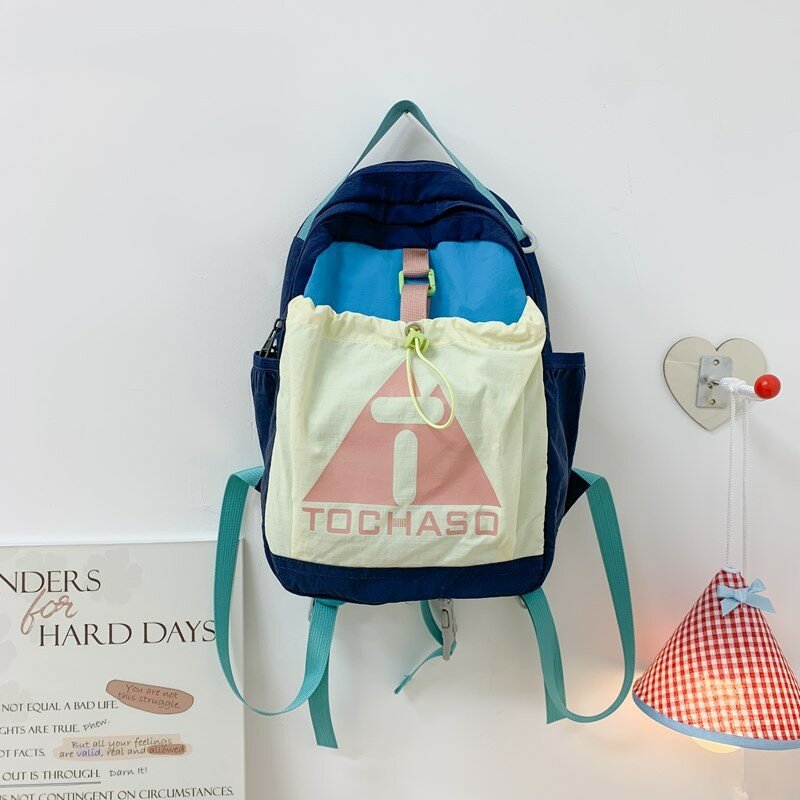 Kidfriendly cotton kids backpack with padded straps and colorful stitching for school navy blue