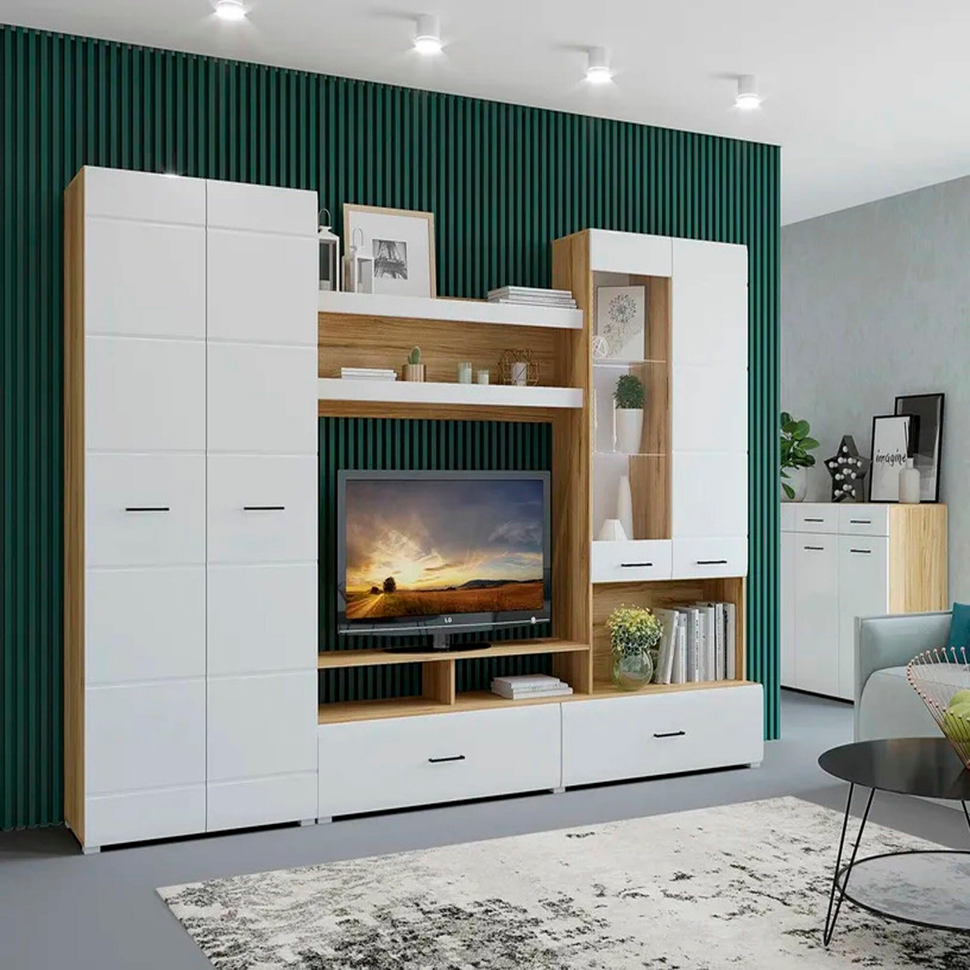 Гостиная Ненси 1, цвет Крафт золотой/Белый глянец, ширина 280 см стенка для тв зоны, со шкафом и полками, под телевизор