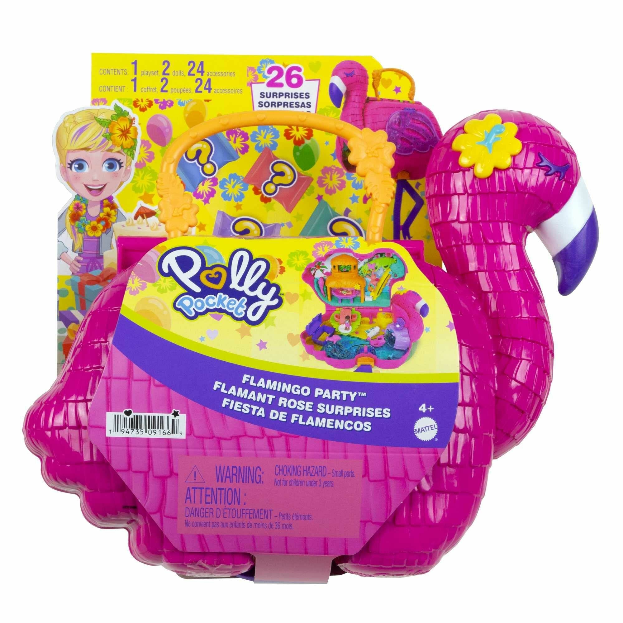 Mattel Polly Pocket Flamingo Party Playset, Миниатюрный набор игрушек-моделей с тропической сценой, Полли Покет