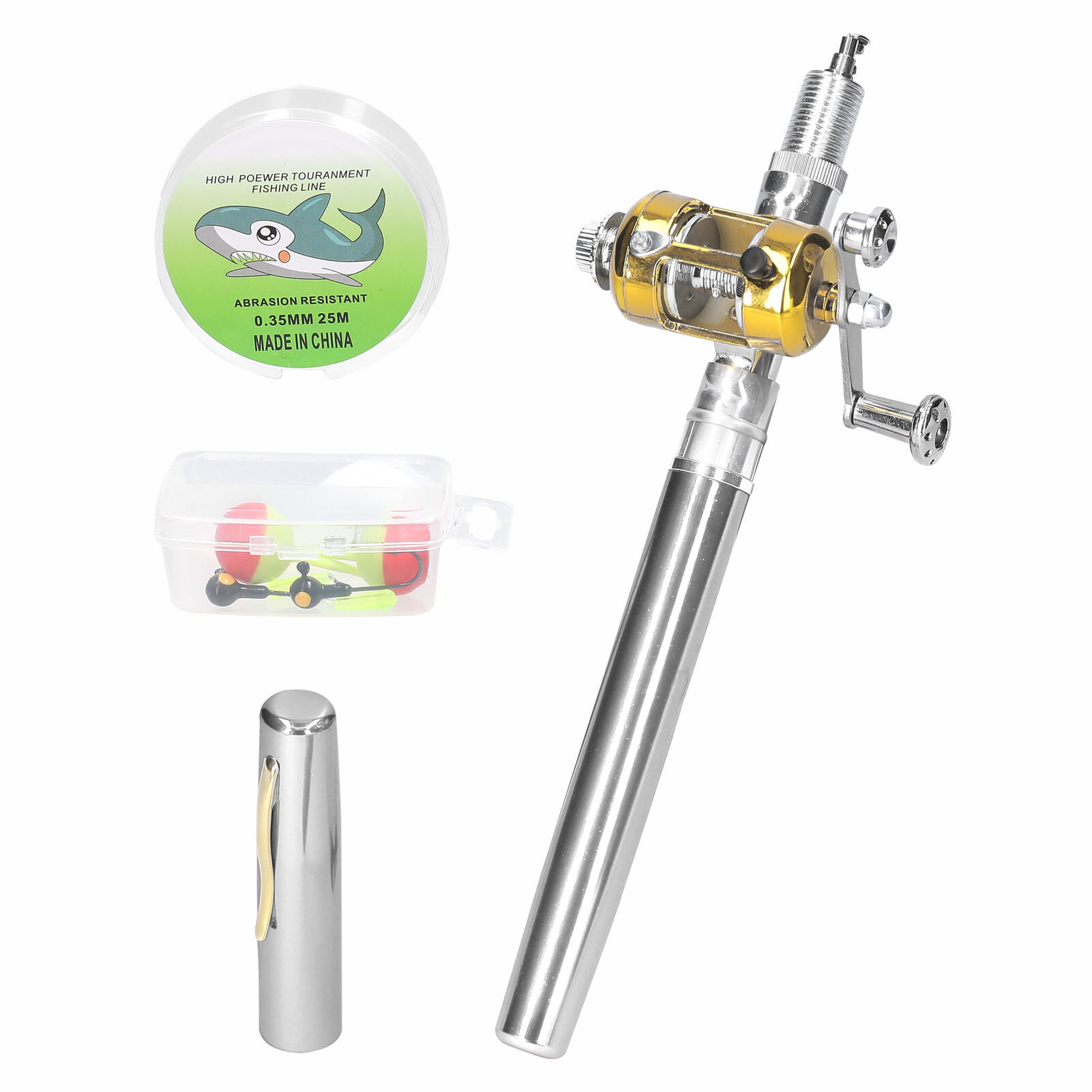 Набор портативных телескопических мини удилок для рыбалки в форме ручки, складные удочки с катушкой, цвет: золото, серебро, синий, красный, черный, фиолетовый, материал: металл, длина лески: 25м, размер удочки (сложенный): 205*15*15мм, длина удочки