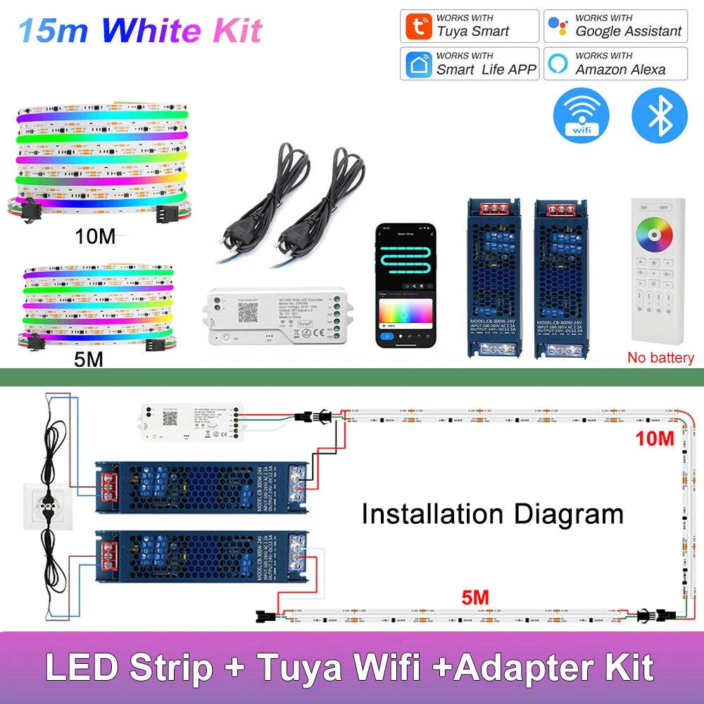 RGB светодиодная лента 15M White Kit, EU Plug