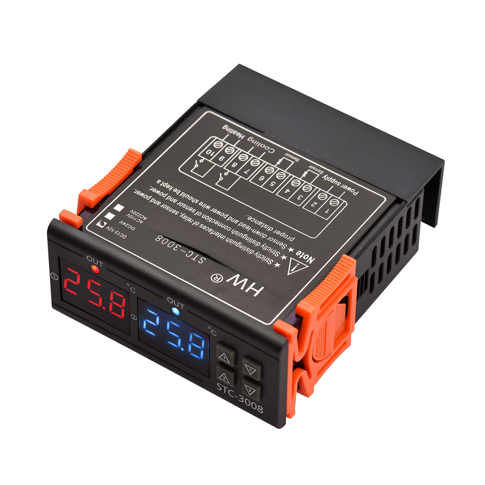 Контроллер температуры цифровой STC-3008 двухсторонний регулировщик температуры DC 12V DC 24V AC 110~220V черный с релевыми выходами, диапазон измерения -50℃~+120℃, точность ±0.3℃, вес98g, размер8.5*7.3*3.4cm, в комплект входят 1 контроллер, 2 датчика, 1
