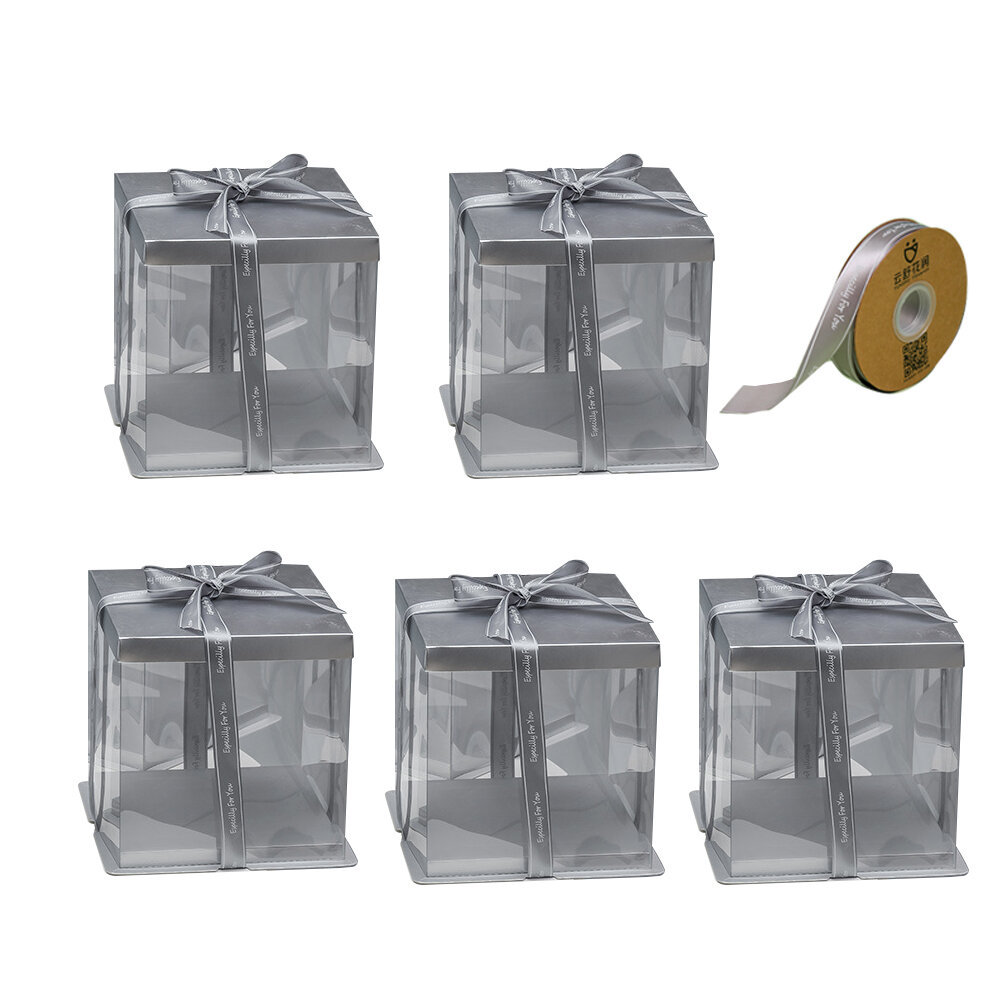 Коробка для торта, 5 штук, 8×8×9 дюймов, прозрачная коробка для торта с лентой, серебристая крышка + прозрачная коробка + серебряная основа, пластик, 8 дюймов двойной слой 21.7*21.7*22.6см, для упаковки и переноски торта 6-7 дюймов, прозрачные подарочные