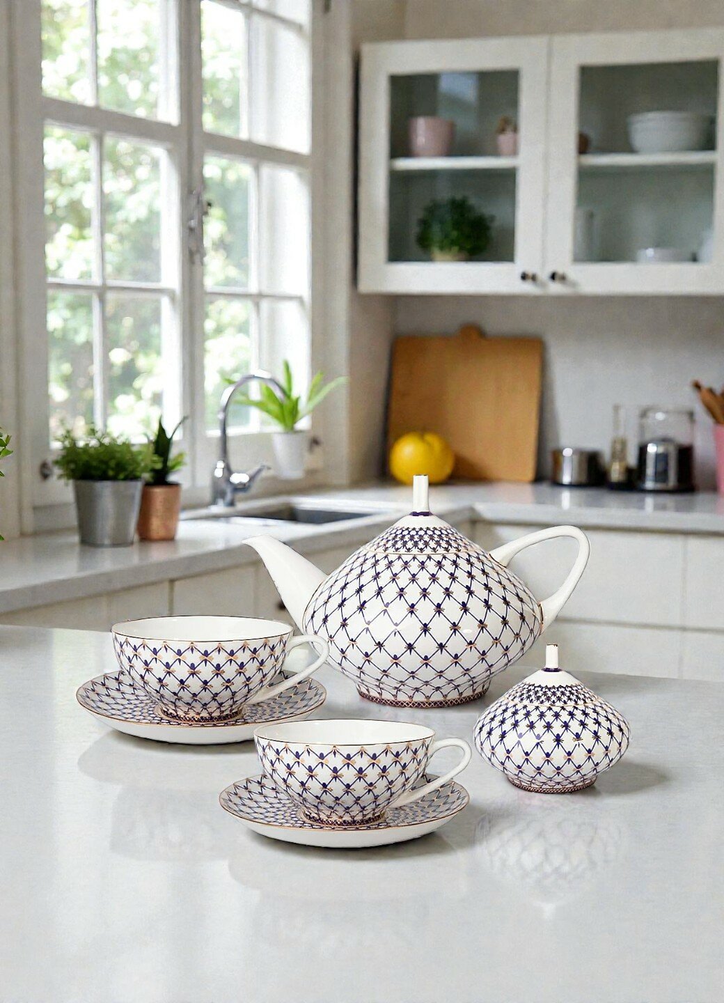 Сервиз чайный "Кобальтовая сетка" форма Купольная 6 персон, 14 предметов, Императорский фарфоровый завод