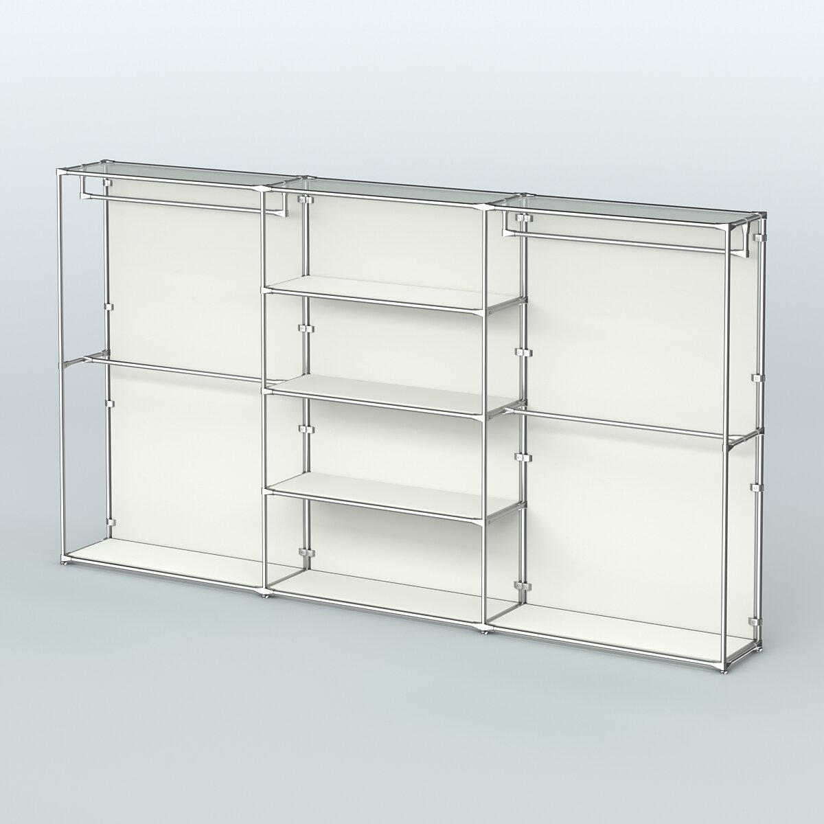 Торговая система хром (задняя стенка - ДСП) 3600 мм с полками ДСП и поручнями №2, Белый