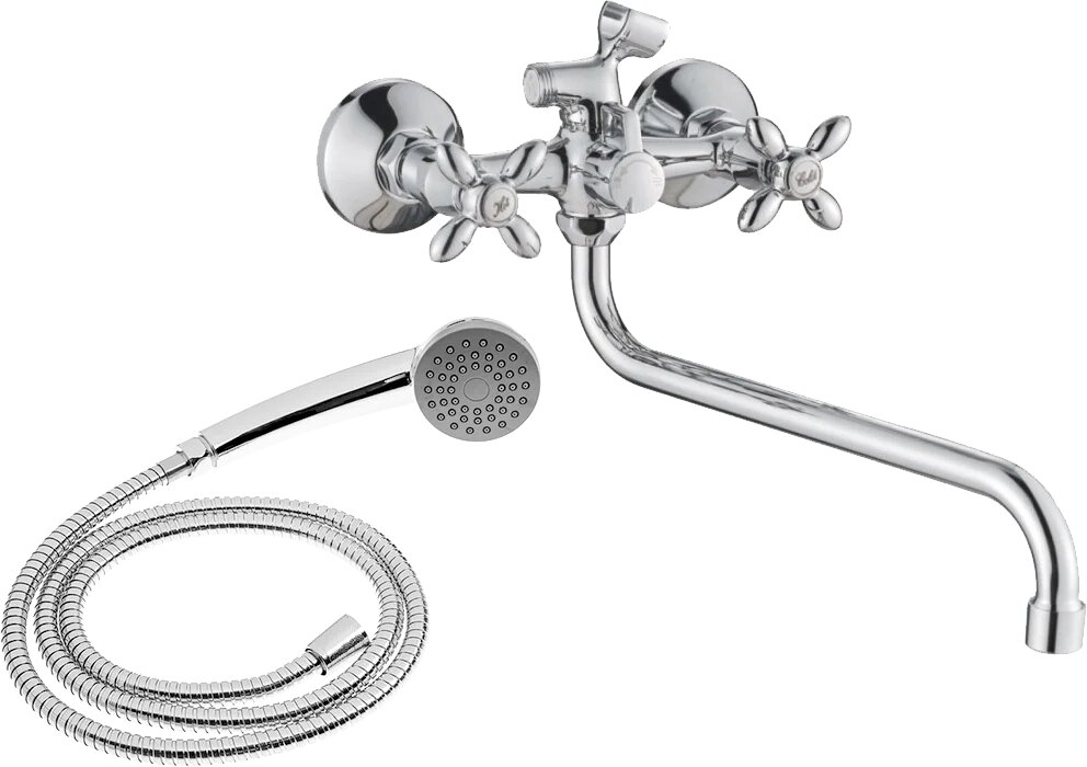 Смеситель с длинным изливом для ванны Haiba HB2227-2 с душевым гарнитуром, поворотный, латунный, хром, глянцевый, смеситель для ванны с душем, вентильный