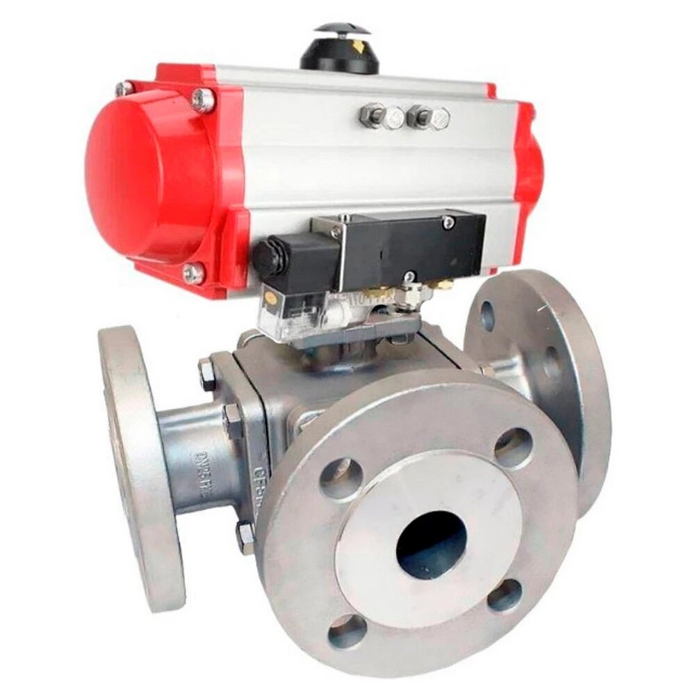 Кран шаровой DN.ru 316-316-PTFE Ду15 Ру16 полнопроходной, тип L, фланцевый, корпус - нержавеющая сталь SS316, ISO-фланец F03/F04 квадрат 9х9, с пневмоприводом DN. ru DA-052 двойного действия и пневмораспределителем PND2-S1EM-52-1NC-J08-24VDC