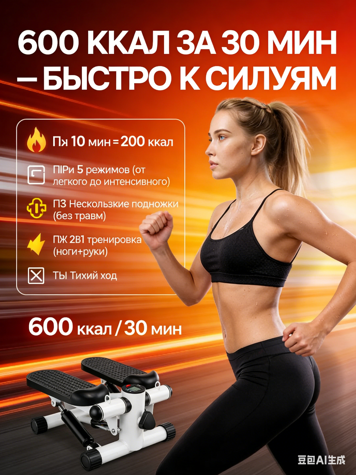 Мини степпер для ходьбы на месте и похудения дома Energy степ тренажер с эспандерами, тренировка ног ягодиц, Ами Мебель