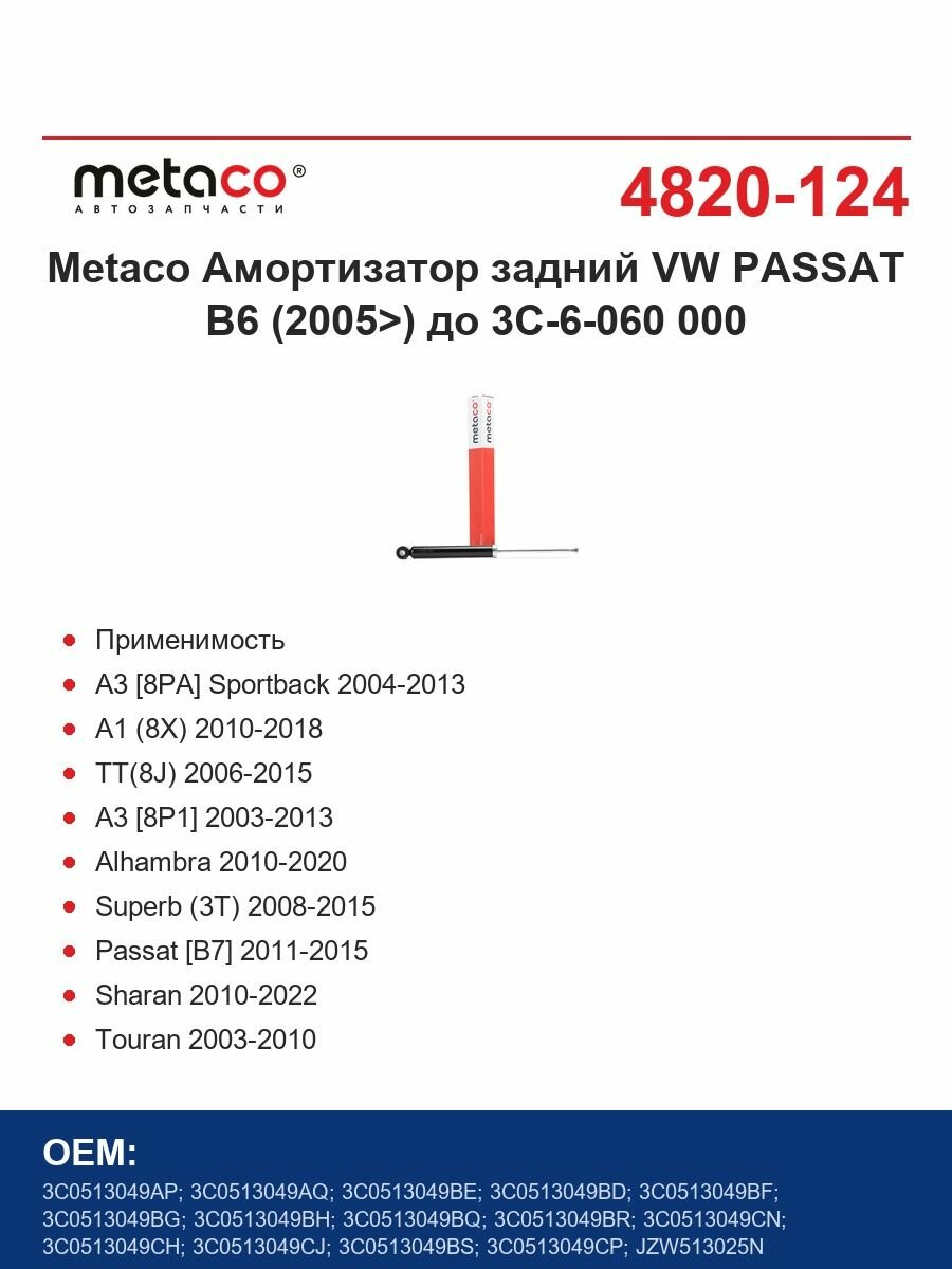 Metaco Амортизатор задний VW PASSAT B6 (2005>) до 3C-6-060 000