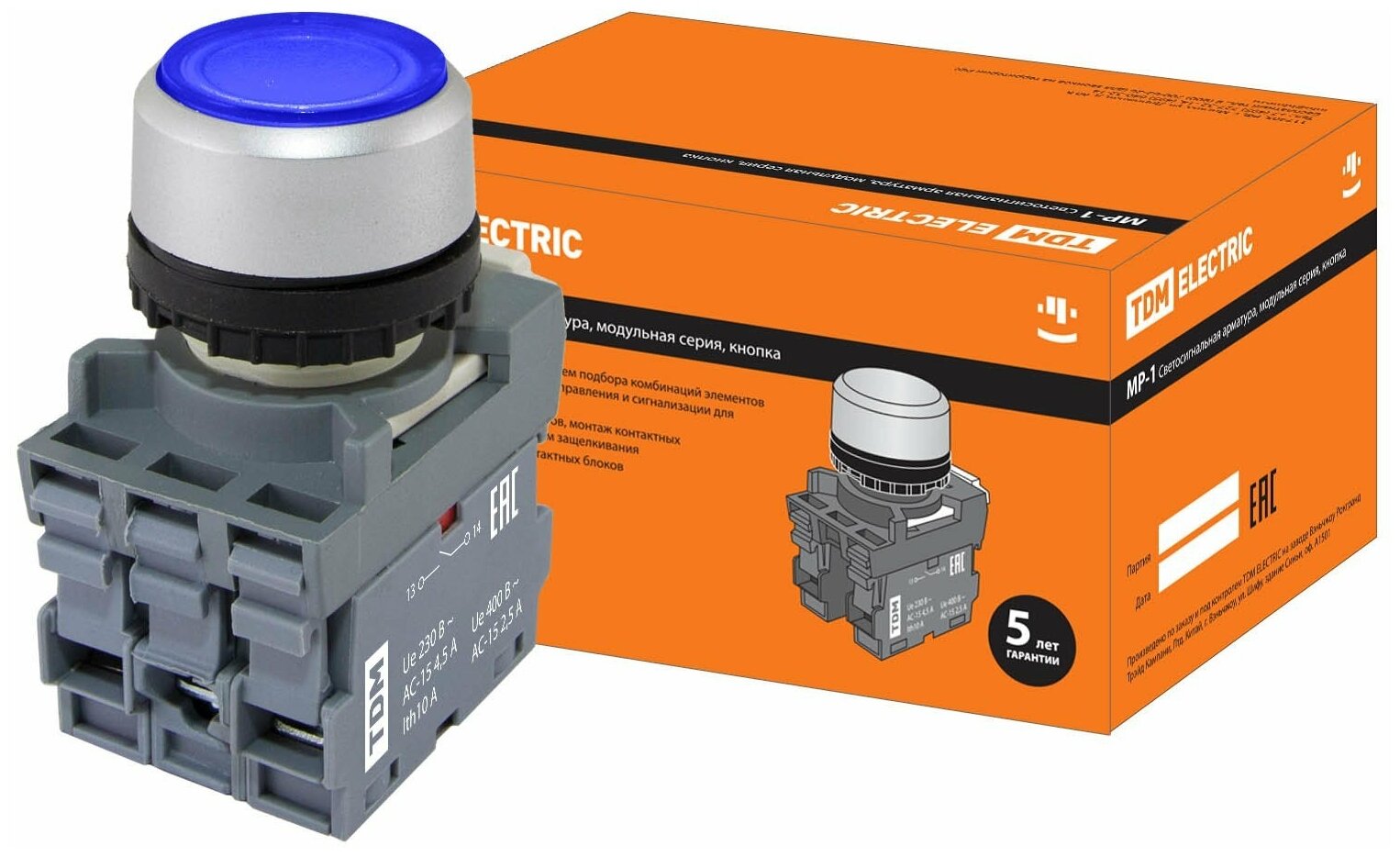 Кнопка MP1-21L (LED) в сборе d22 мм/220В 1з+1р синяя TDM {SQ0747-0016}