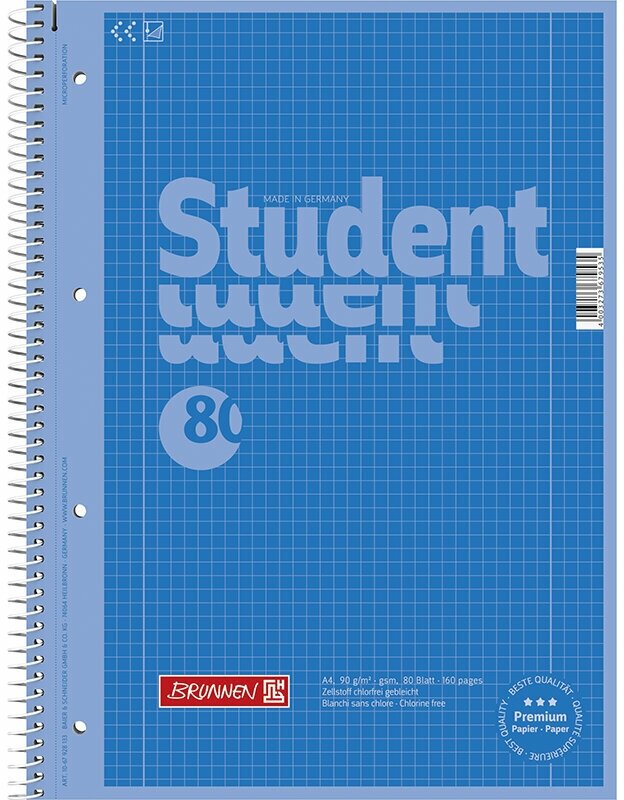Тетрадь в клетку, на пружине, А4, "Premium Colour Code", микроперфорация, 90 гр/м2, 80 листов, Brunnen (пр-во Германия)