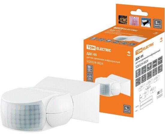 Датчик движения настенный Tdm Electric ДДС-05 1200Вт, 10-420с, 12м, 3+лк, 180гр, IP65, SQ0324-0024