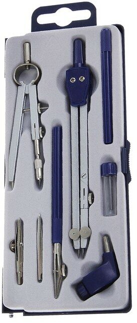 Готовальня 8 предметов: 2 циркуля 150 мм, 105 мм, 2 удлинителя, грифель, 2 рейсфедера, центрик, держатель для карандаша, в пластиковом пенале