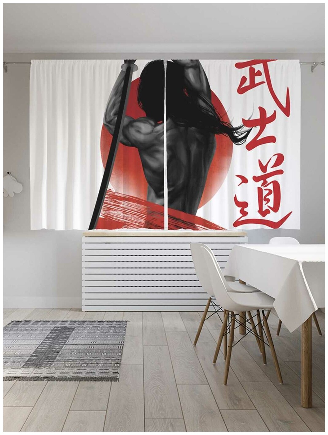 Фотошторы короткие "Сильный самурай", 2 полотна шириной по 145 см, высота 180 см, JoyArty