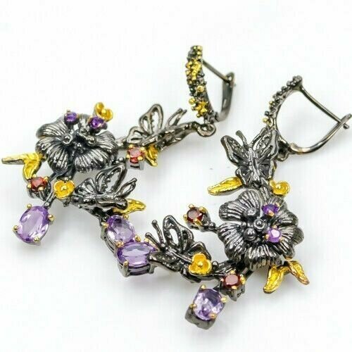 Серьги с подвесками Серебряная лилия, серебро, 925 проба, родирование, чернение, гранат, аметист