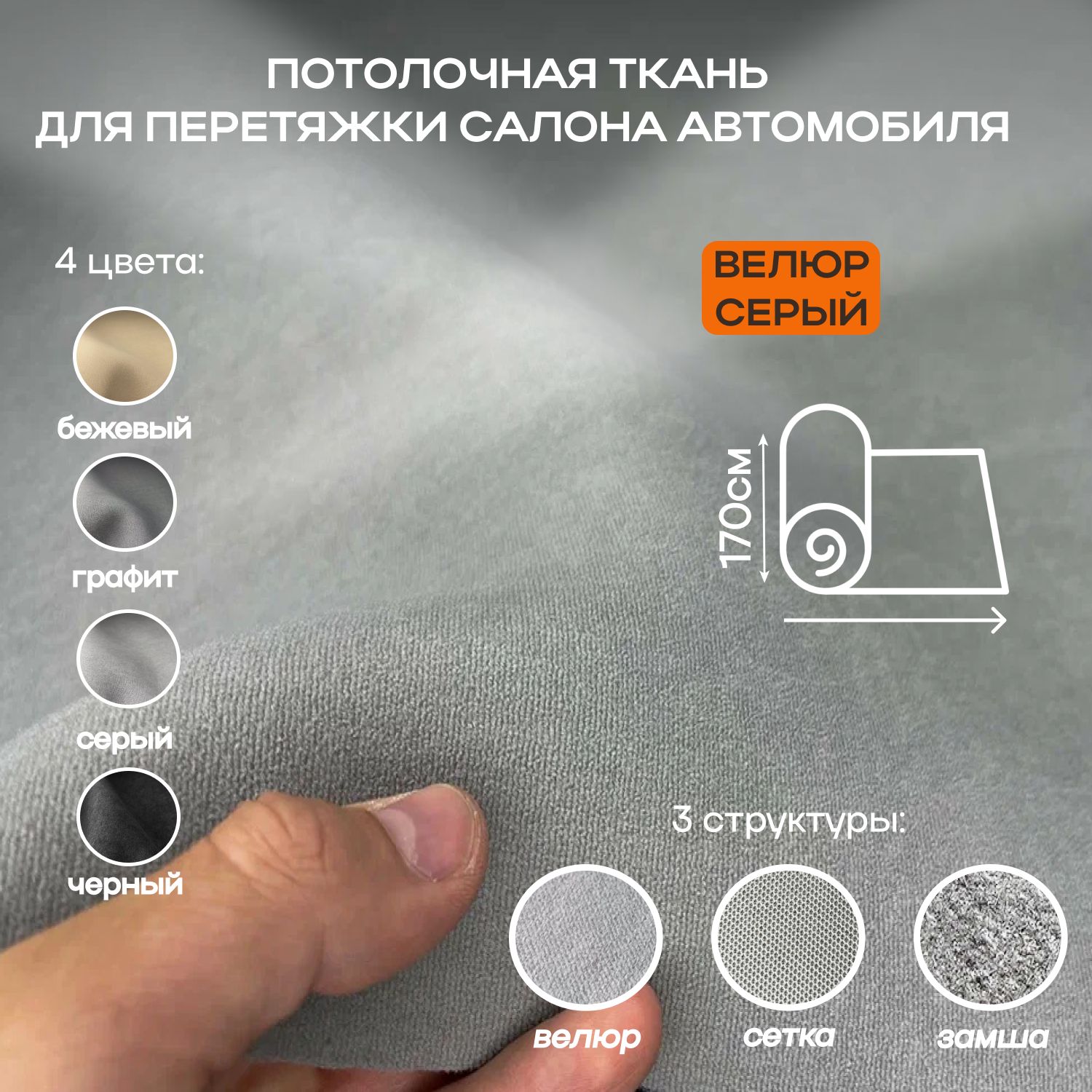 Потолочная ткань для Автомобиля Велюр - Серый - на поролоне 4мм - 1 м х 1,7 м - обивочный материал для перетяжки салона (потолок, стойки, обшивки дверей, панель)