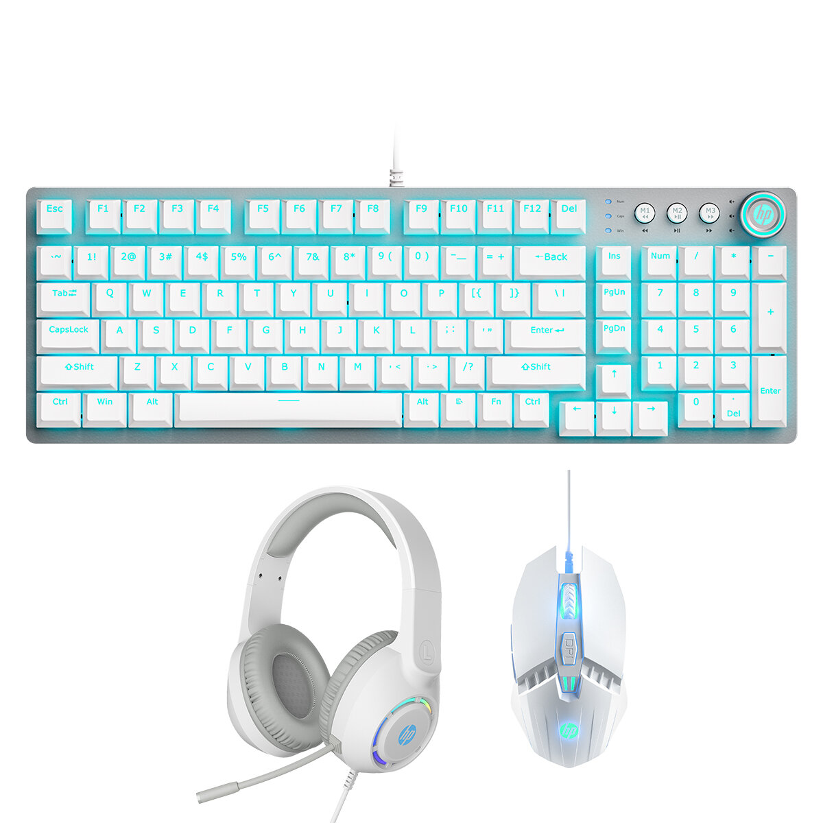 Клавиатура унисекс HP, [Super God Four-Piece Set]GK 100 S Silver White+Mouse White+Headband Headphones White+Mouse Pad