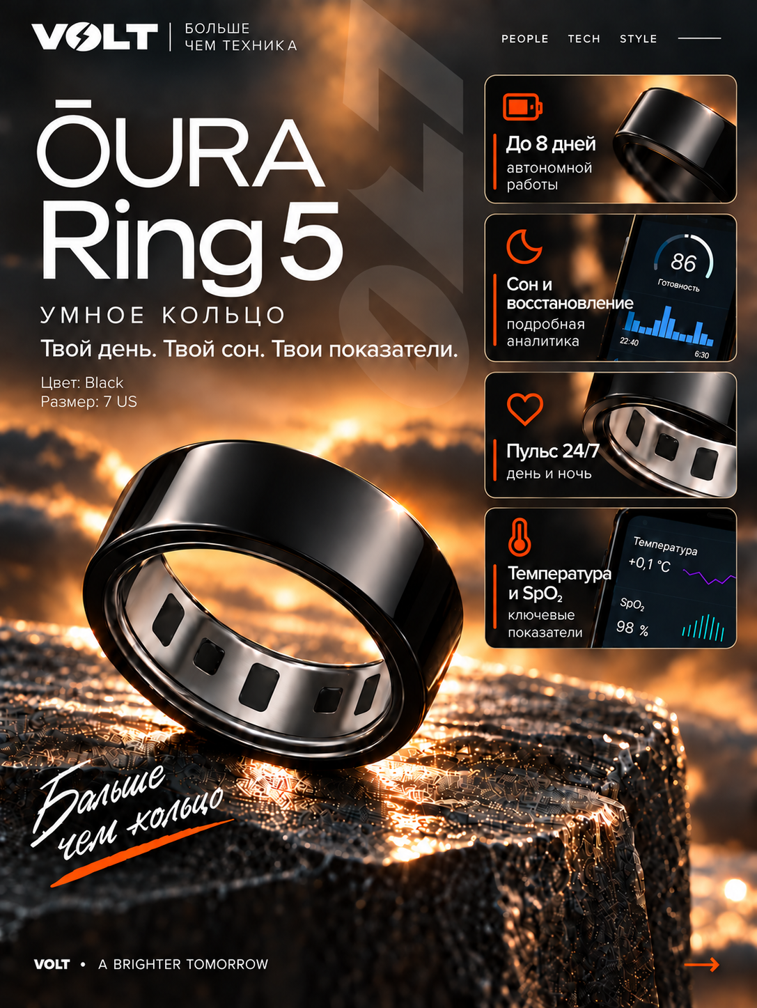 Умное кольцо Oura Ring 5 Black, Size US7