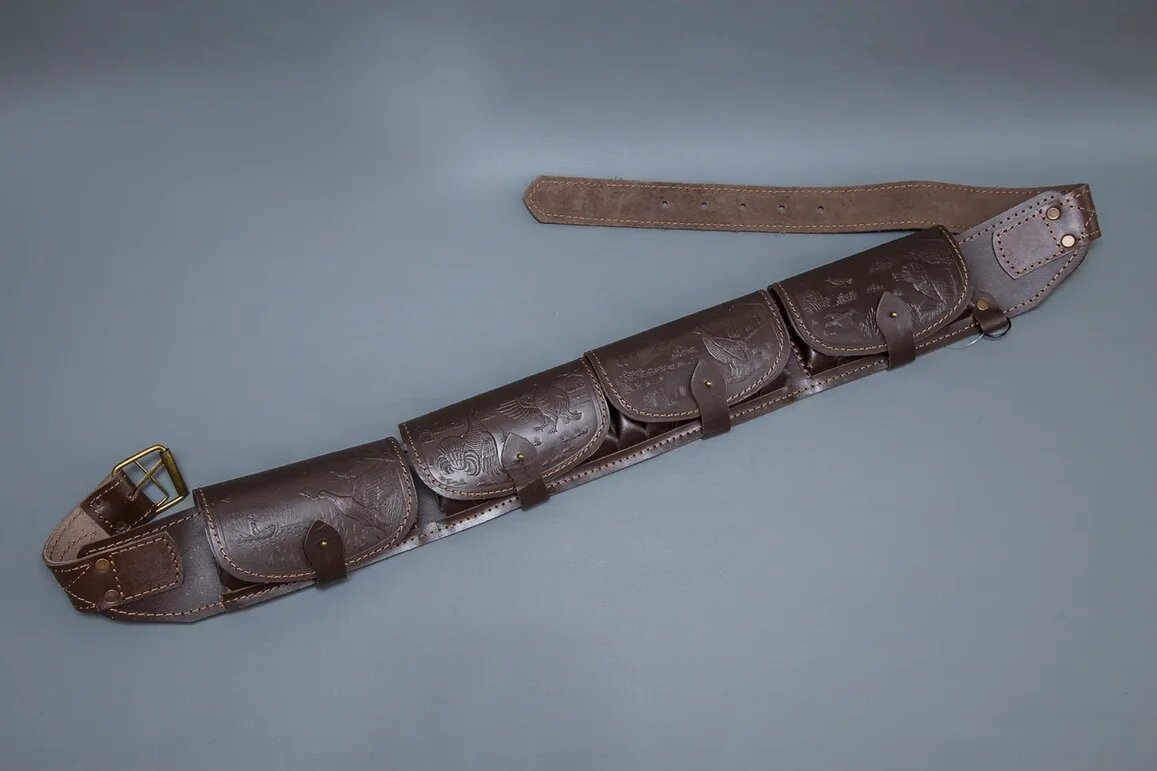 Патронташ закрытый однорядный поясной ремень с 4 секциями на 24 патрона 12 калибра из натуральной кожи с рисунком дичи