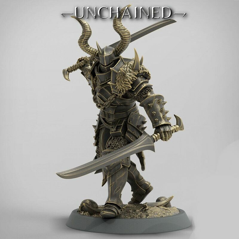 Воин в тяжелой броне с двумя мечами, Chaos Warrior (доп. классы: Паладин, Файтер, Рыцарь) миниатюра для DnD (ДнД) и других Настольных игр( НРИ, Варгеймов или РПГ), фентези тематика