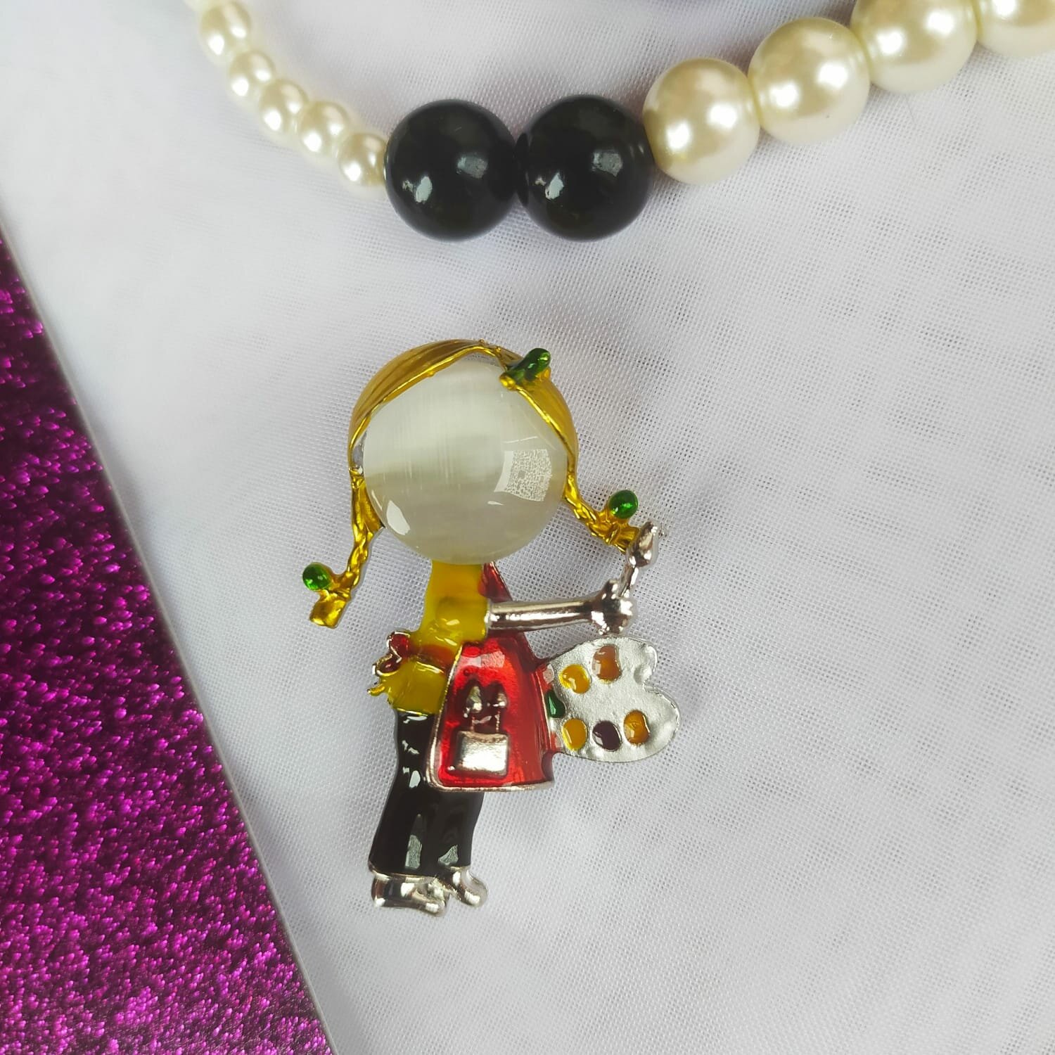 Брошь, кошачий глаз синтетический, эмаль