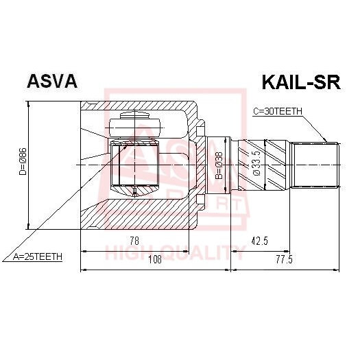 Ремкомплект шруса внутренний для автомобиля Toyota Kia Hyundai, ASVA KAIL-SR (1 шт.)