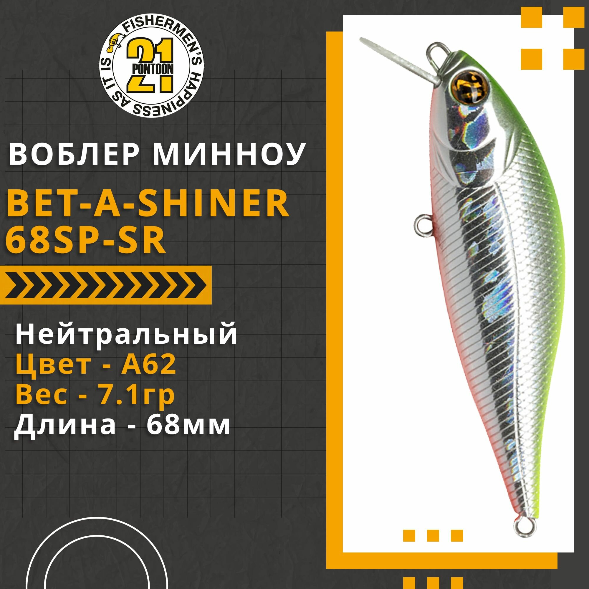 Воблер для рыбалки Pontoon21 Bet-A-Shiner 68SP-SR, 68мм, 7.1 гр, 0.2-0.4 м, цвет A62