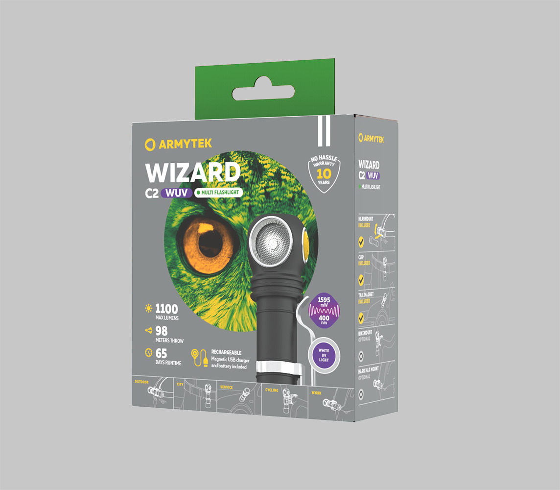 Мультифонарь Armytek Wizard C2 F08901UF, налобный, аккумуляторный, 5 режимов, белый и УФ-свет