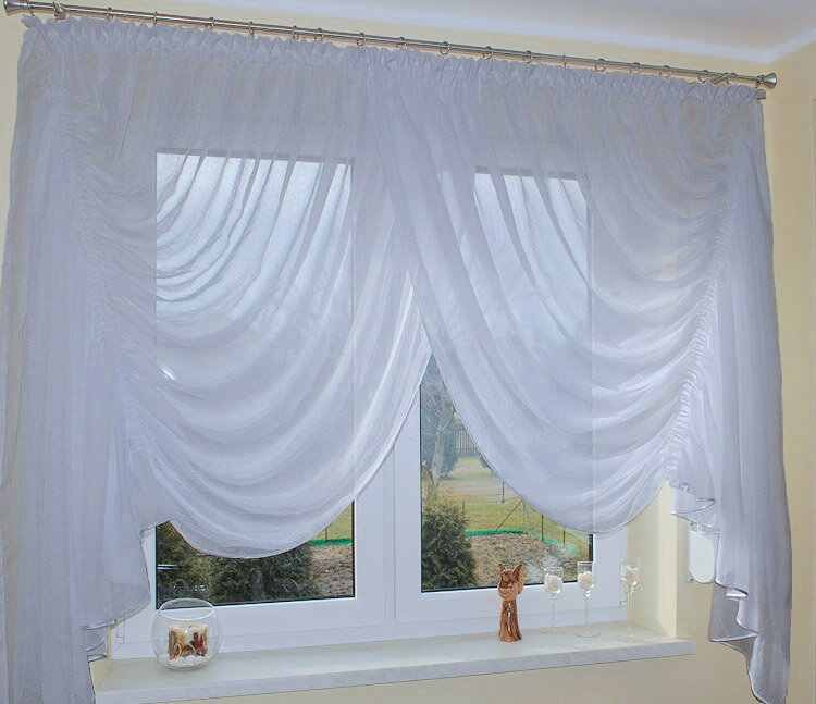 Шторы для кухни из однотонного вуаль на ленте РИО-45 цвет белый