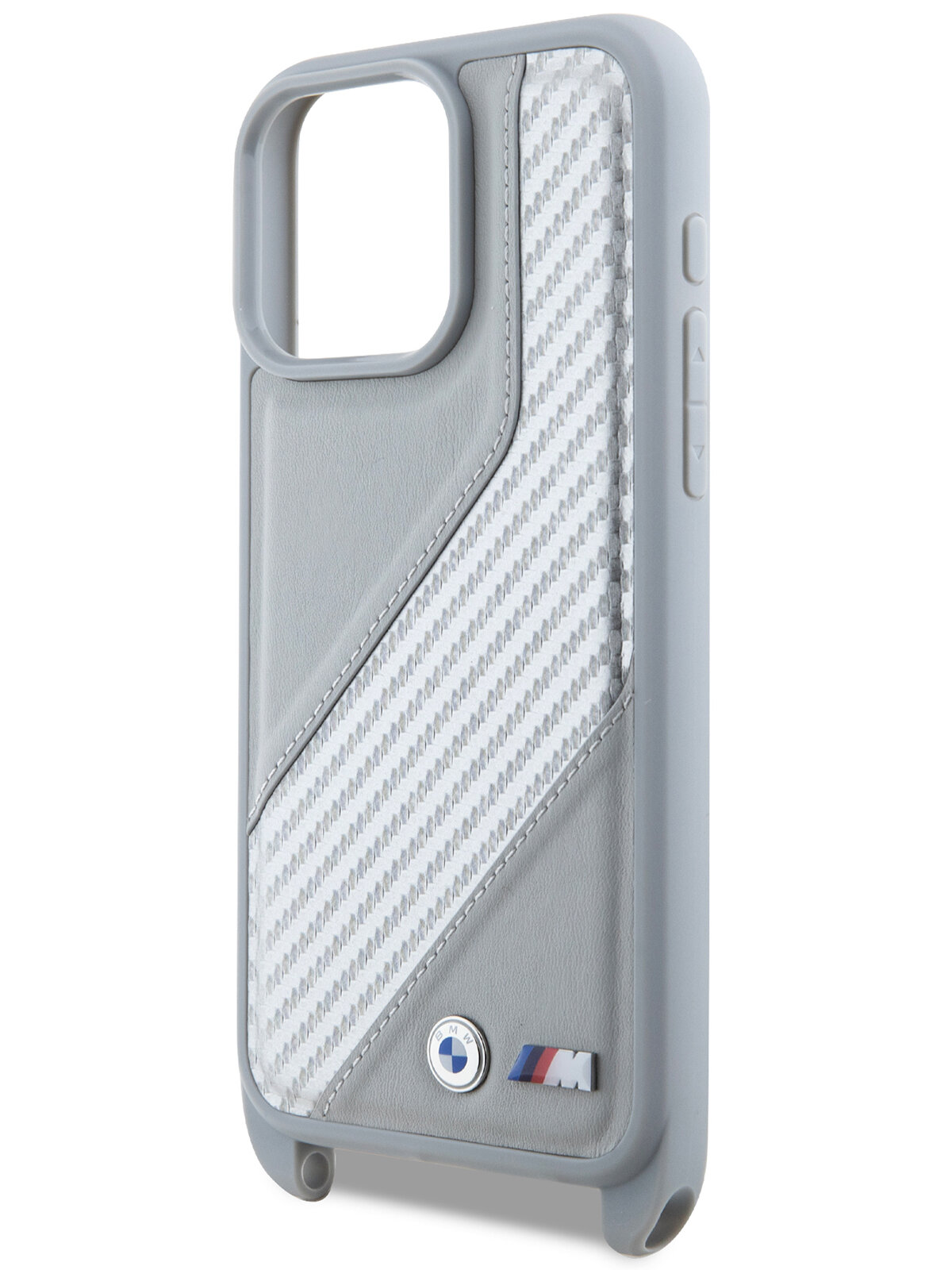 BMW для iPhone 15 Pro чехол Crossbody PU Carbon stripe Metal logo + Strap Hard Grey