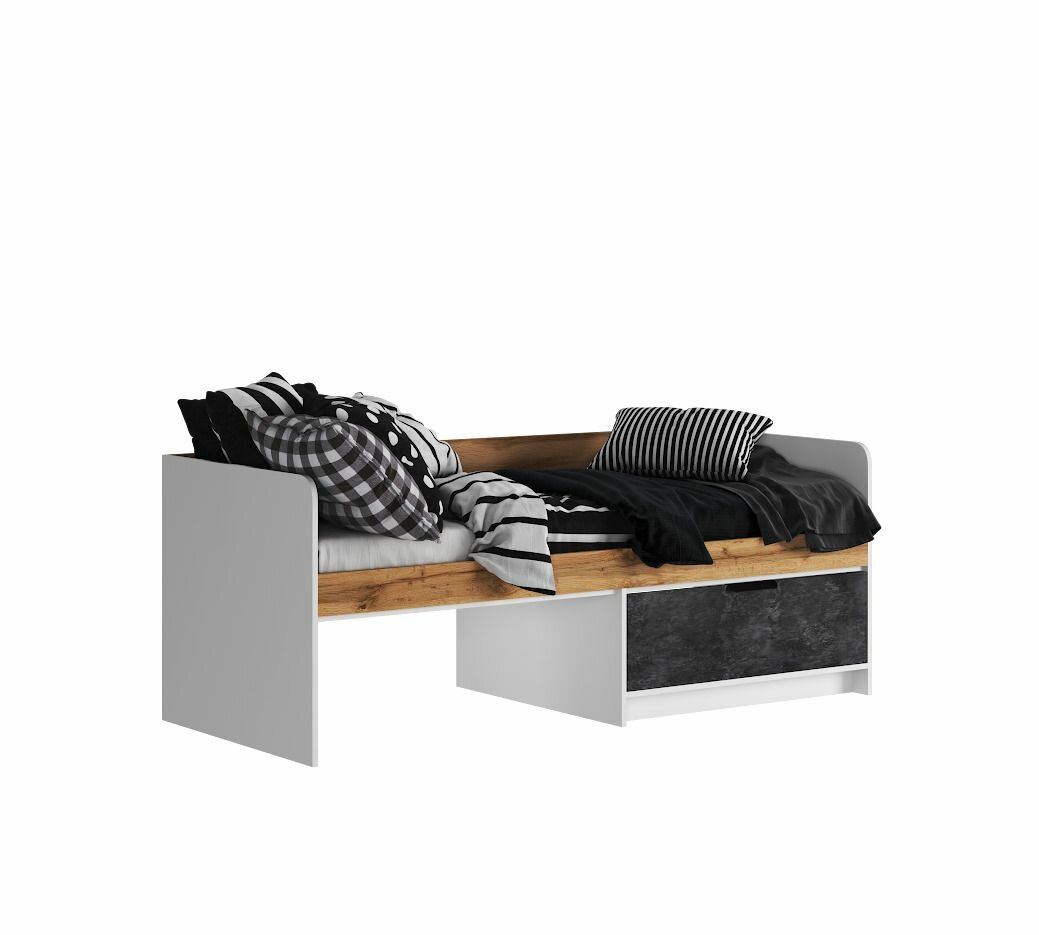 "Оскар" Кровать (1932х750х834) с настилом ЛДСП Белый/дуб вотан/бетон темный (Rikko)
