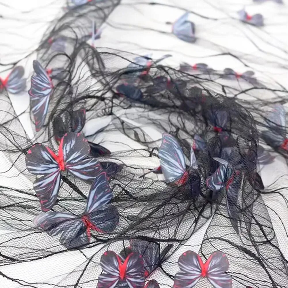 Прозрачная сетчатая ткань с узором бабочек для декора Black gray