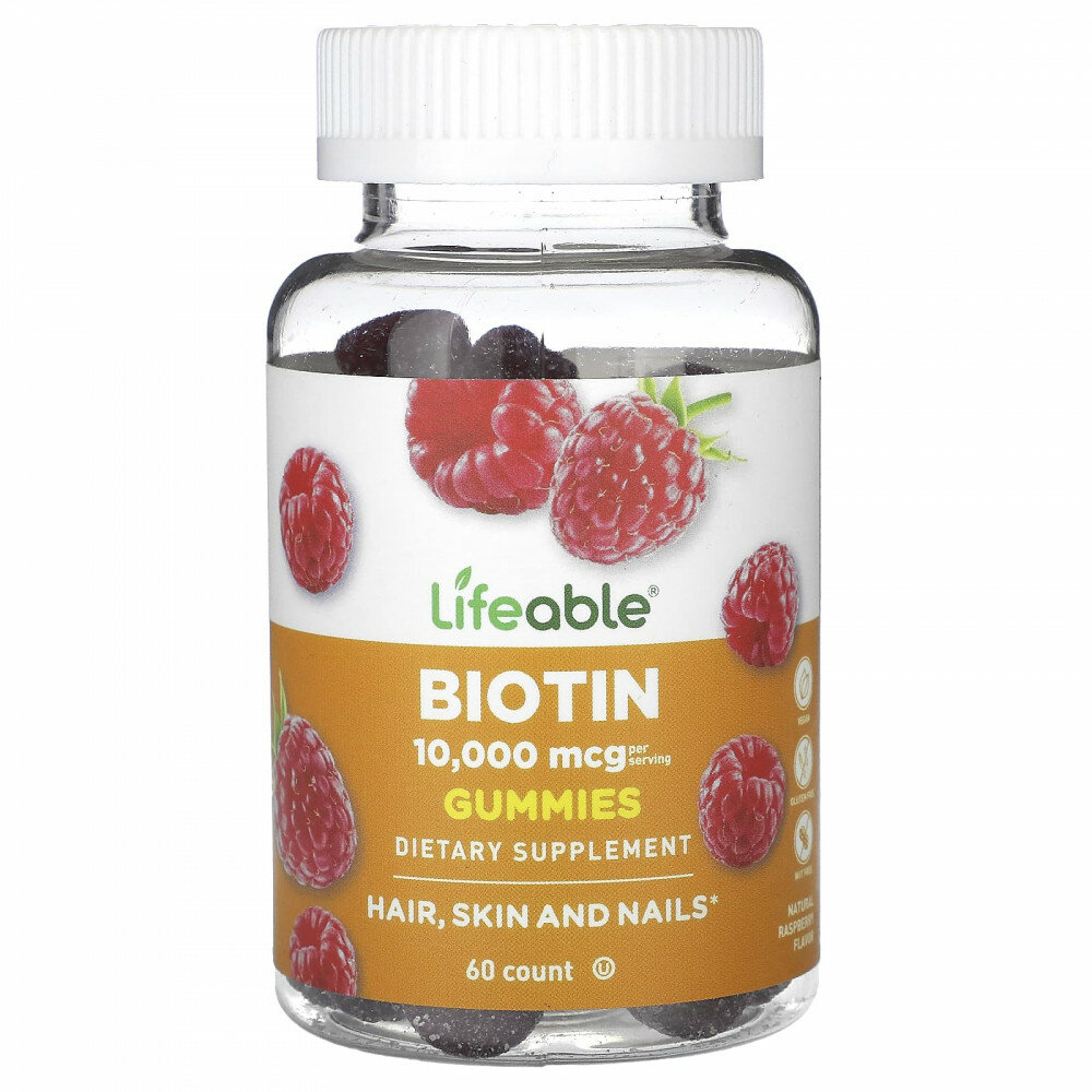 Lifeable, Жевательные мармеладки с биотином, натуральная малина, 60 жевательных таблеток (5000 мкг в каждой жевательной таблетке)