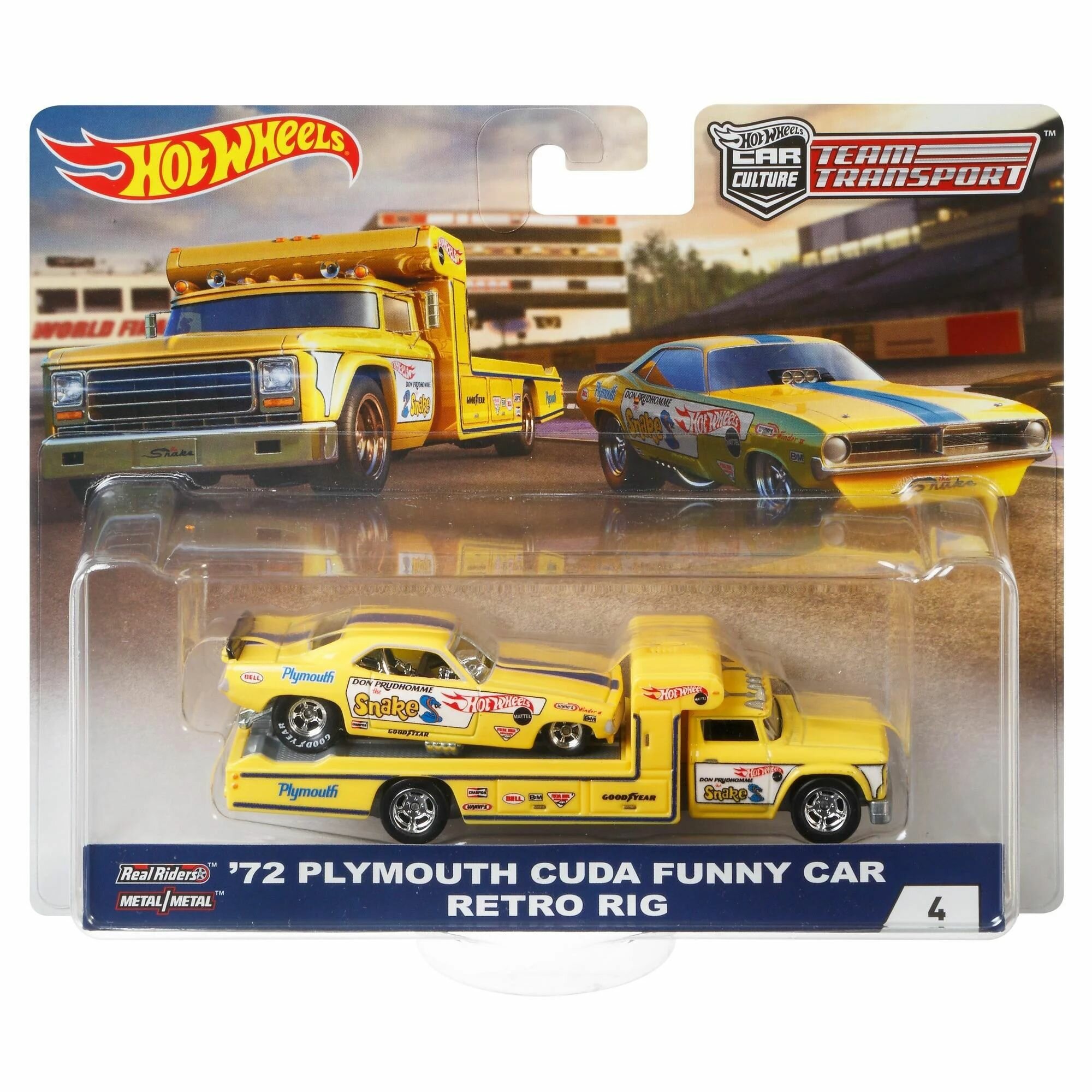 Машинка Hot Wheels Team Transport FLF56:72 Plymouth Cuda Funny Car & Retro Rig