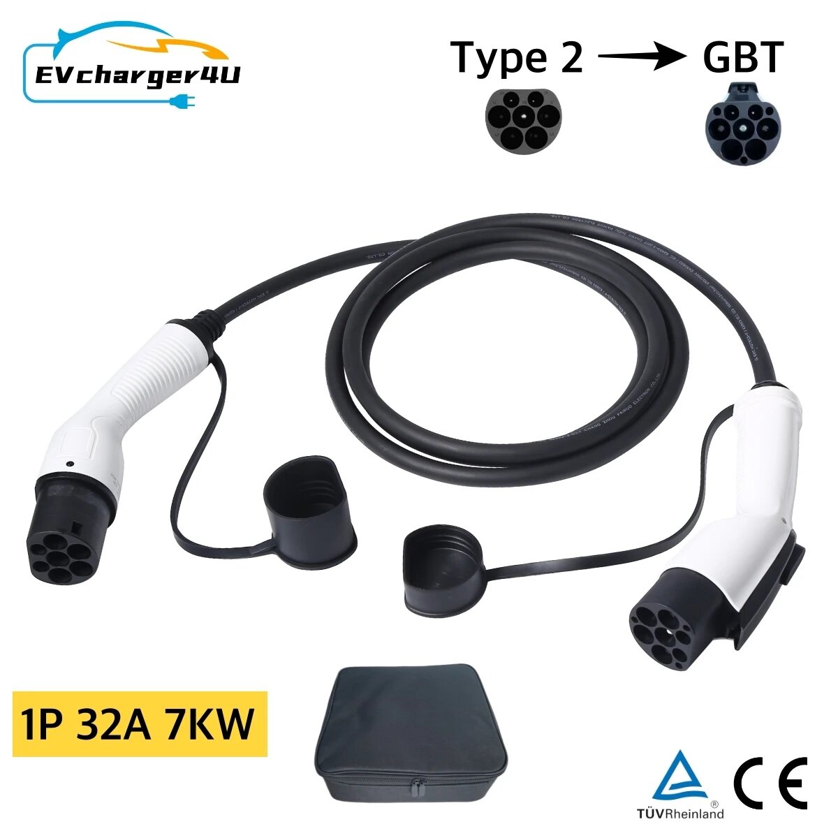 EVcharger4U Type2 к GBT Кабель для зарядки EV 1 фаза 32A 7 кВт 3M/4M Кабель для электромобиля Тип 2 ГБ/T Зарядная станция с разъемом EVSE 1P 32A 7KW 3M Bag