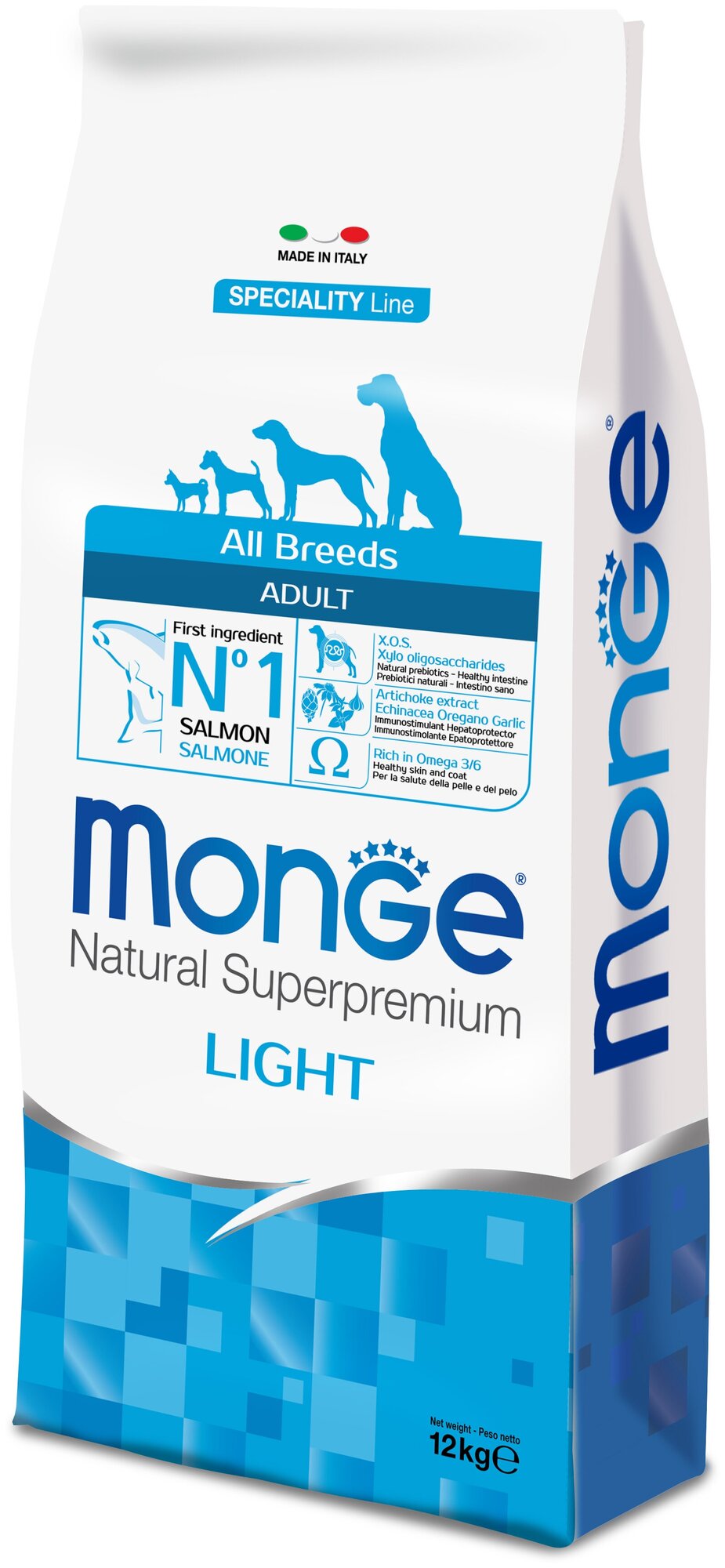 Cухой корм Monge Dog Speciality Line Light корм для взрослых собак всех пород, низкокалорийный, лосось с рисом 12 кг