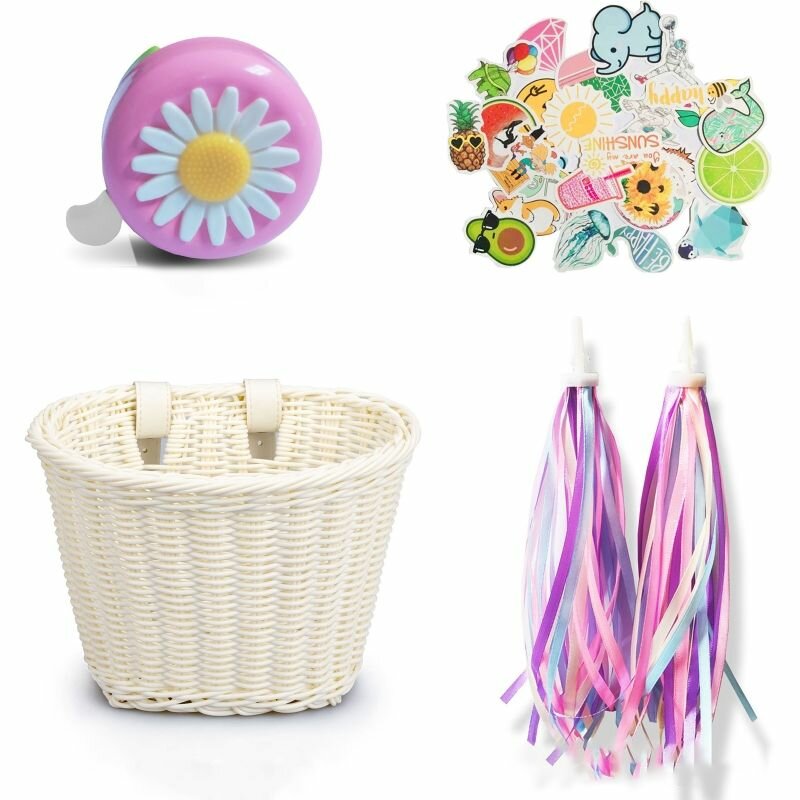 Детская велосипедная корзина, передняя корзина для велосипеда девочек ручной вязки и 1 пара детских лент с кисточками