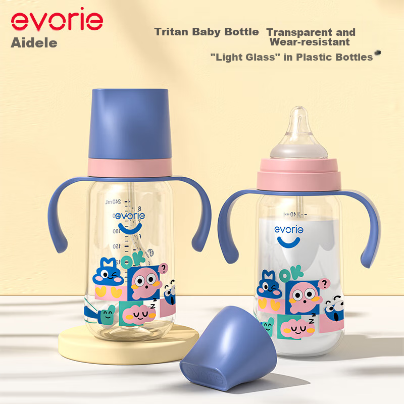 Evorie Baby Bottle, Wide Neck with Double Handles And Gravity Ball, Tritan Bottle 240ml, Playful Blue (6 Months+)