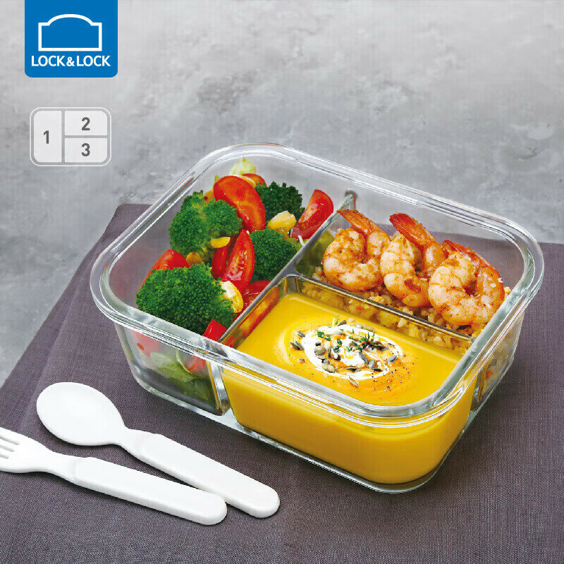LOCK&LOCK Glass Food Storage Container with Three Compartments, Fork And Spoon, Large Capacity 1000ml Lunch Box LLG447CTLG-CHS