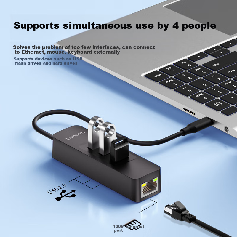 Lenovo Type-C Expansion Dock with Gigabit Ethernet Port, USB-C to RJ45 Wired Network Adapter, Laptop Converter with USB Splitter