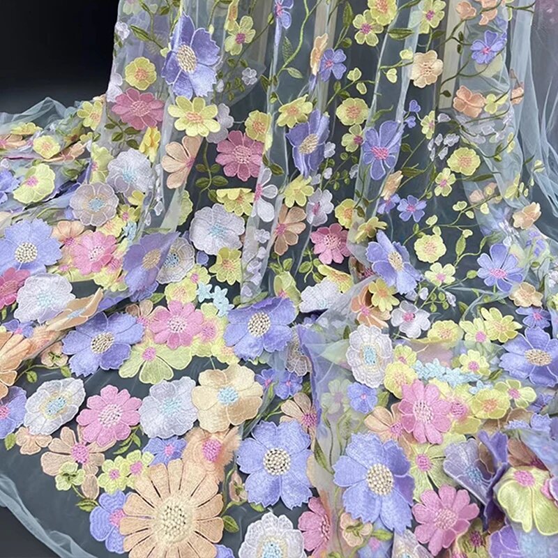 Кружевная сетчатая ткань с 3D цветочной вышивкой 5