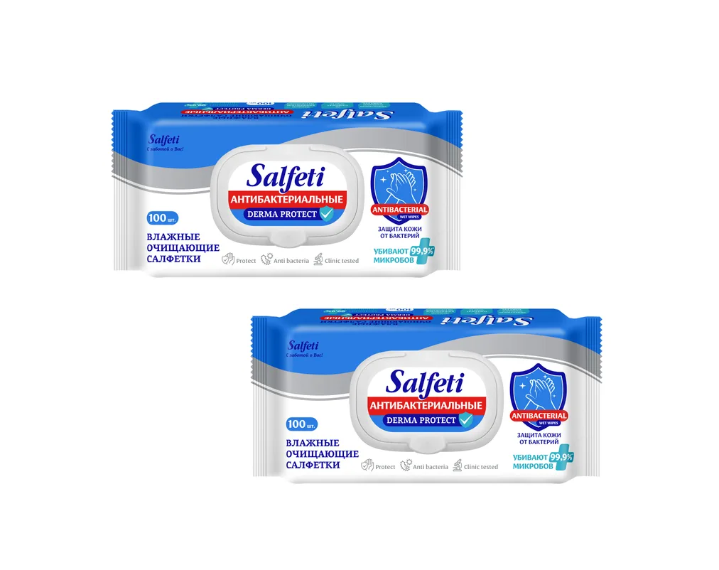Влажные салфетки Salfeti Антибактериальные, 100 шт. 2 пачки