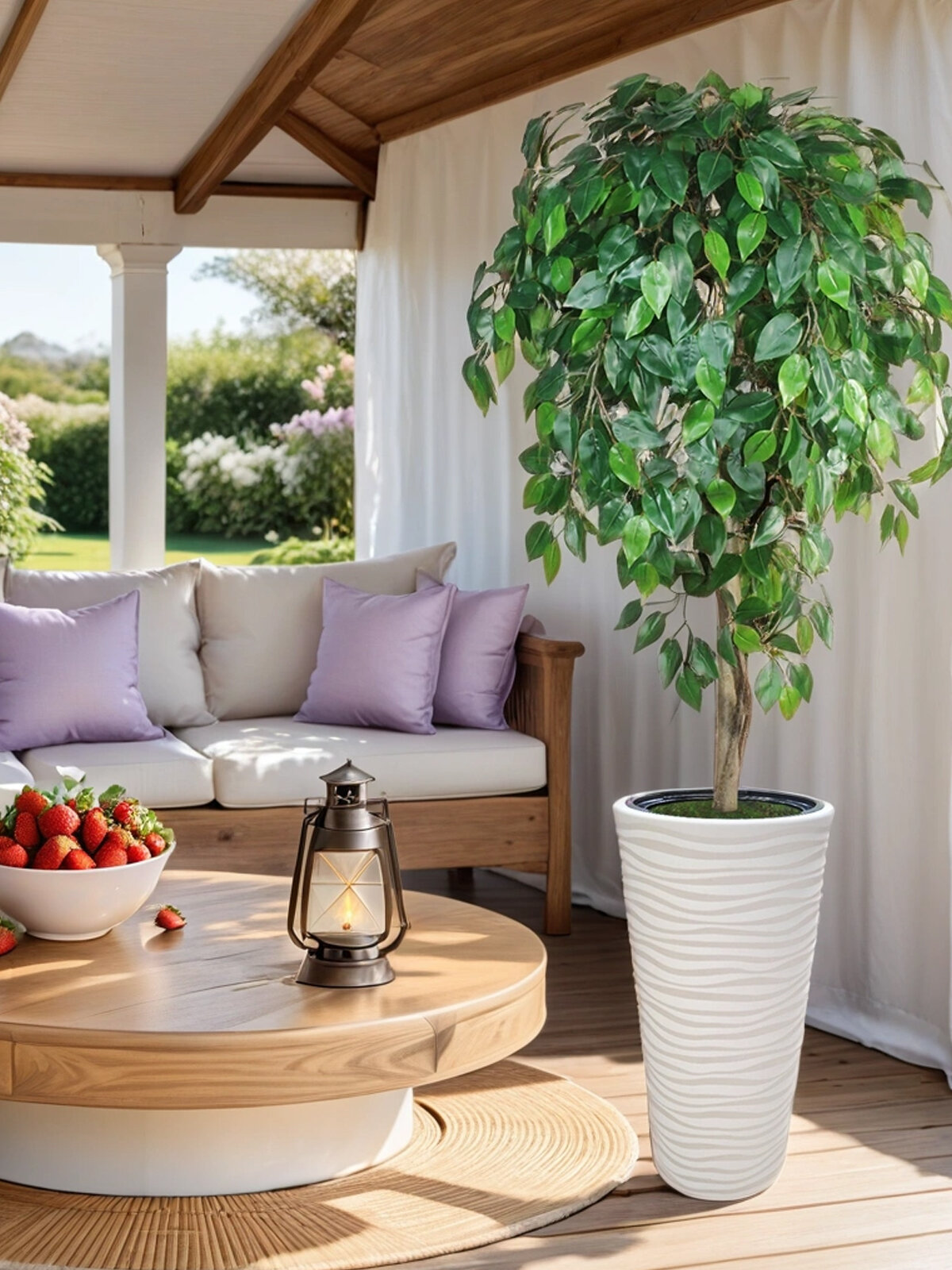 Дерево искусственное Фикус Зеленый 170 см в высоком круглом белом кашпо от ФитоПарк, дерево большое в напольном кашпо