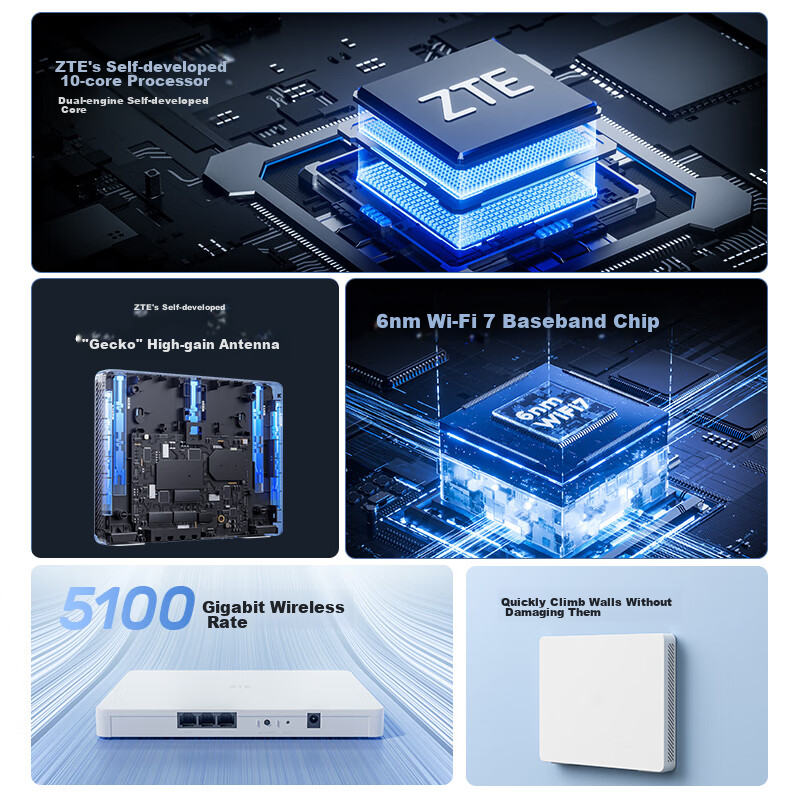 ZTE [Qingtian Wall Router] BE5100, Self-Developed WiFi 7, Gigabit Dual-Band, Whole-House Networking, 5 Signal Amplifiers Compatible with WiFi 6 Gaming Acceleration
