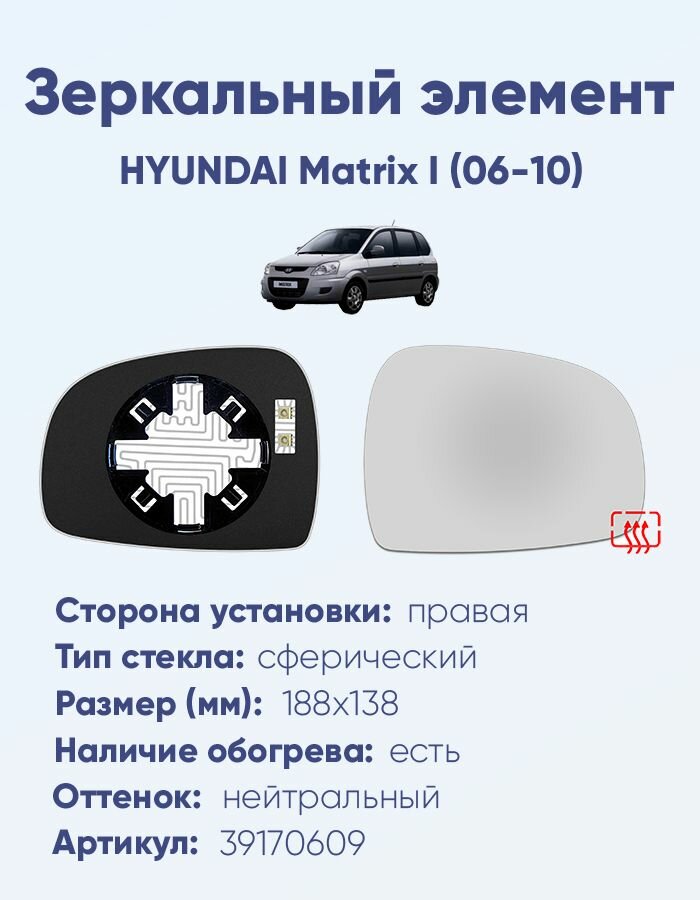 Зеркальный элемент правый HYUNDAI Matrix I (06-10) Restailing сфера нейтральный с обогревом