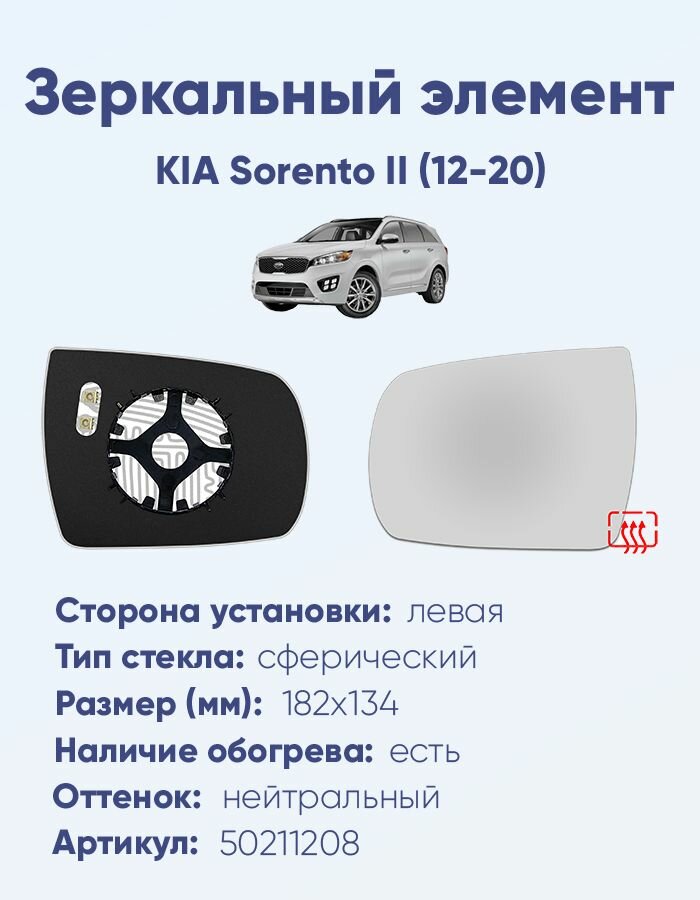 Зеркальный элемент левый KIA Sorento II Рестайлинг (12-21) сфера нейтральный с обогревом