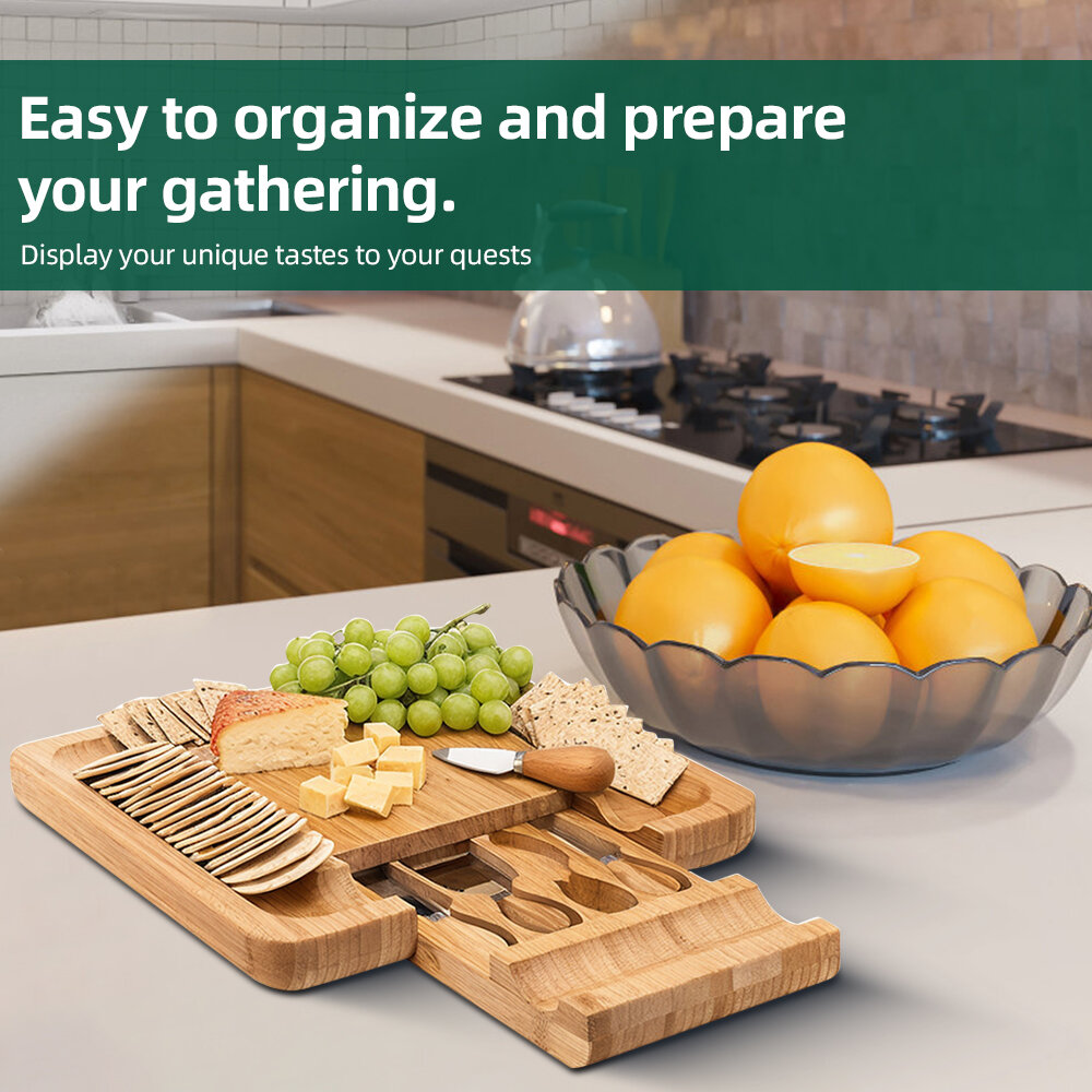 Подарочный набор досок для нарезки колбасных изделий с 4 ножами для сыра. Большие квадратные бамбуковые доски для сыра со скрытым ящиком для столовых приборов, перегородкой для хранения продуктов, сырная тарелка для вечеринки, подарок